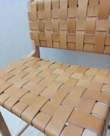Leather Woven Strap Counter Stool - Natural Teak Wood With Beige Leath ...