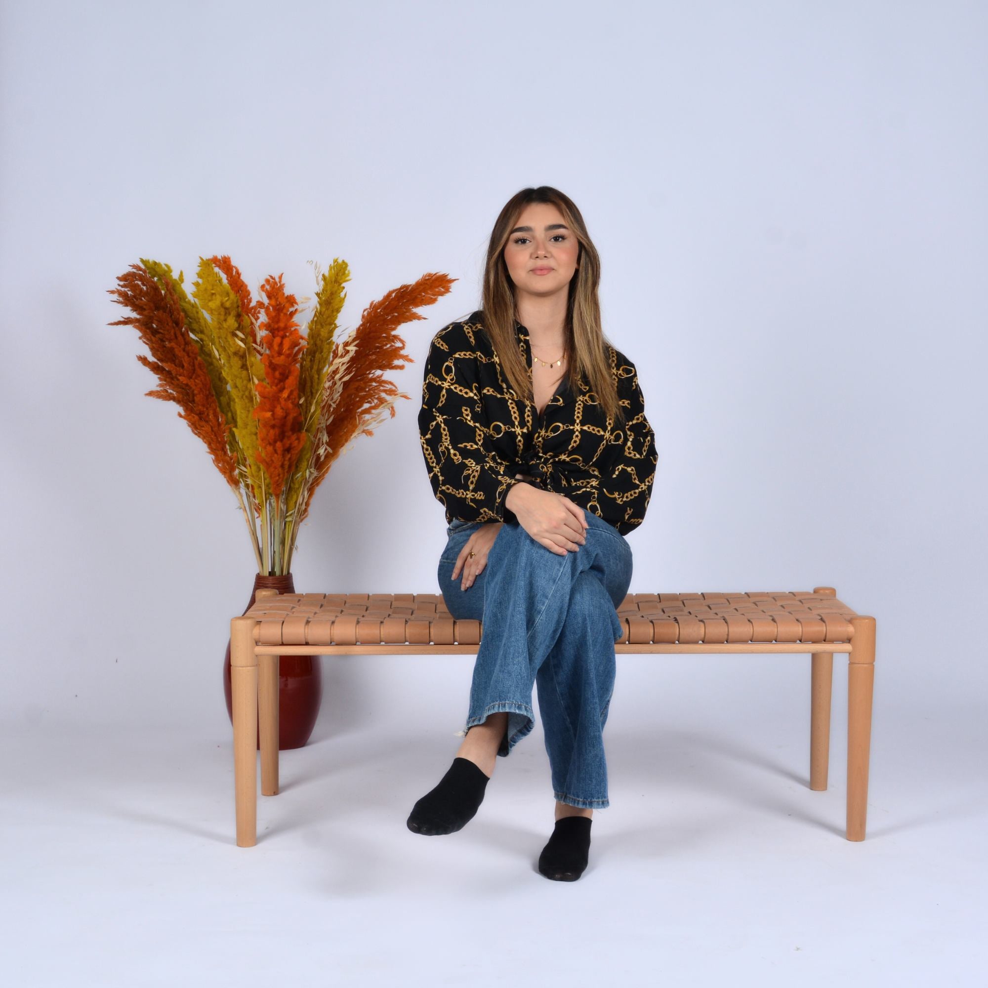 Helga Woven Leather Bench - Varnished Teak Wood With Strap Beige Leath ...