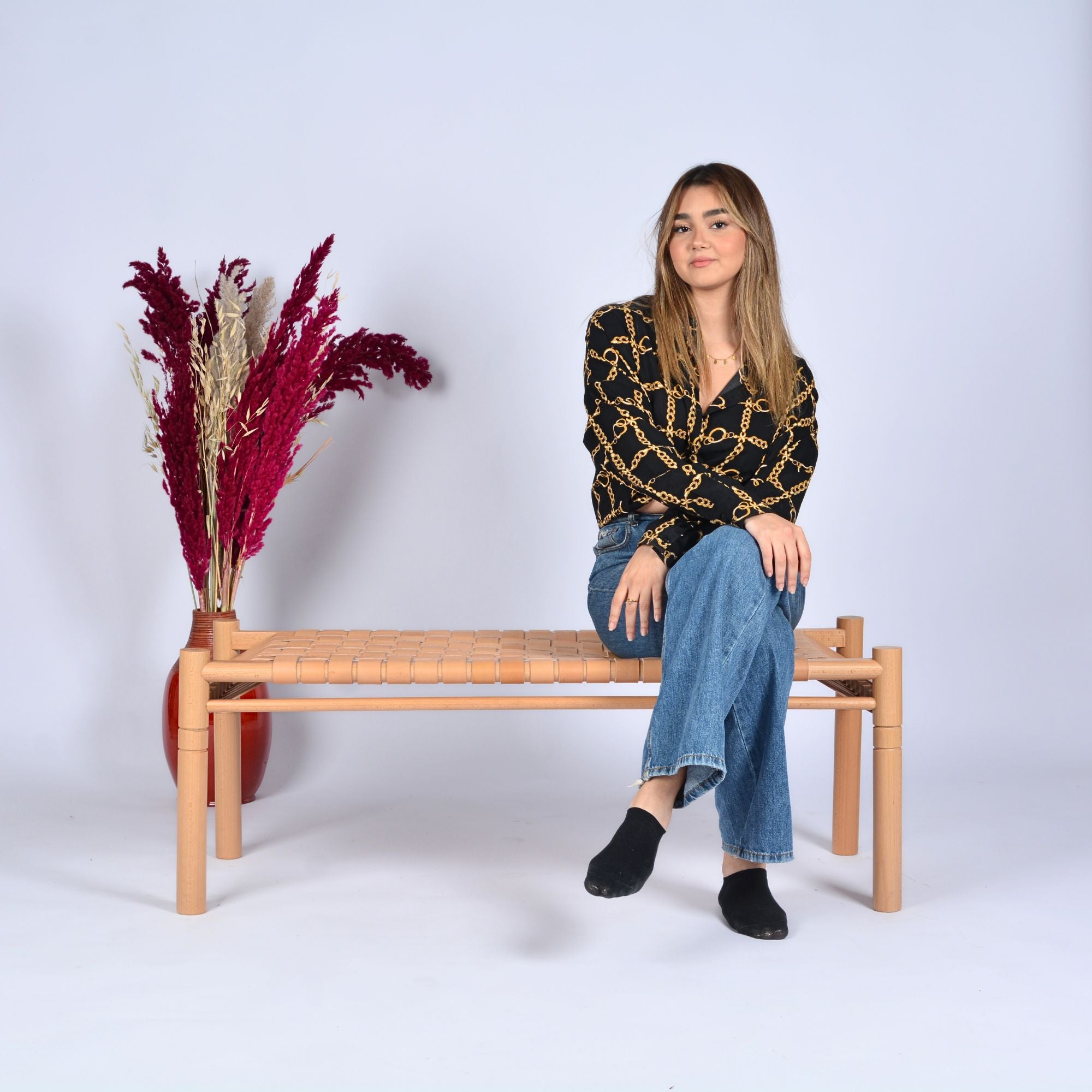 Hilda Woven Leather Bench - Varnished Teak Wood With Strap Beige Leath ...