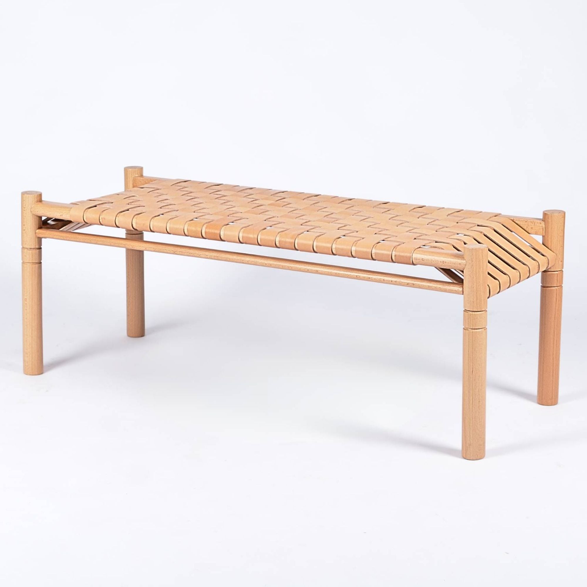 Hilda Woven Leather Bench - Varnished Teak Wood With Strap Beige Leath ...