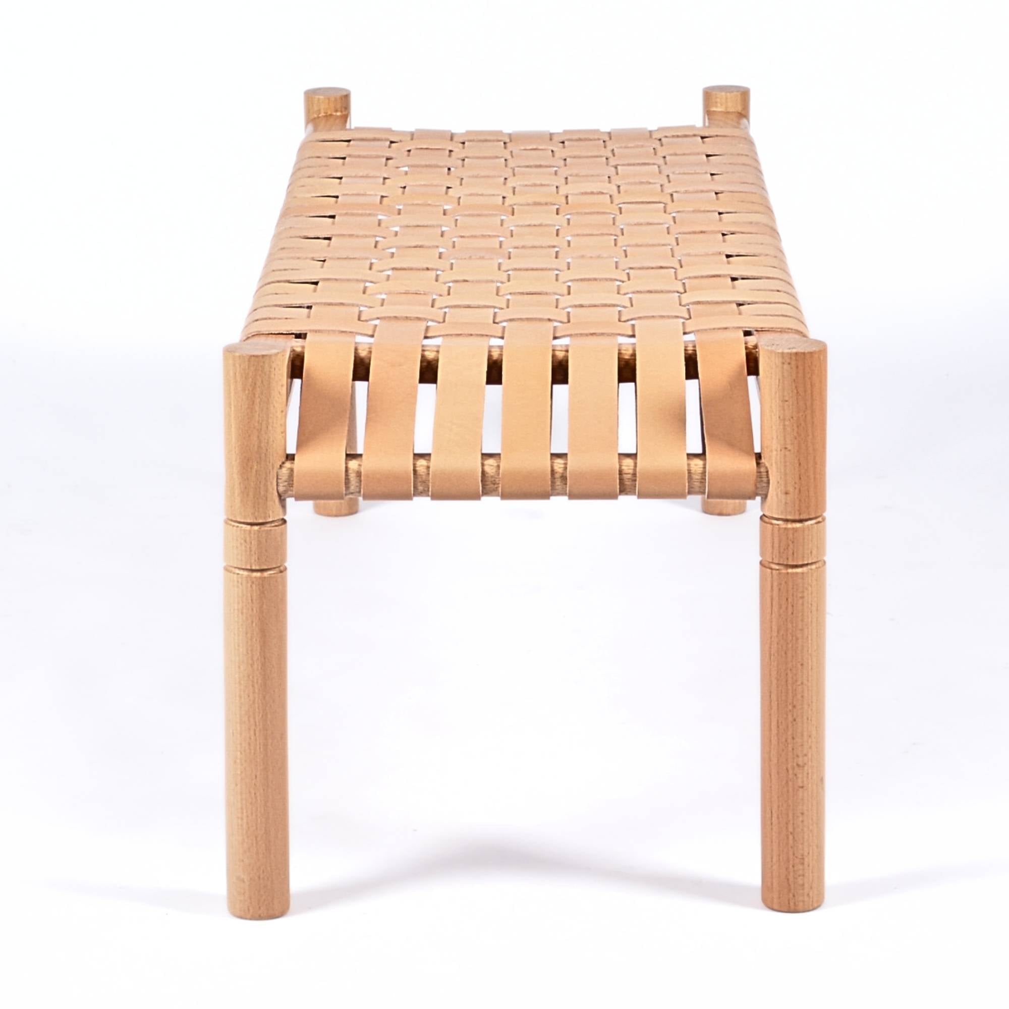 Hilda Woven Leather Bench - Varnished Teak Wood With Strap Beige Leath ...