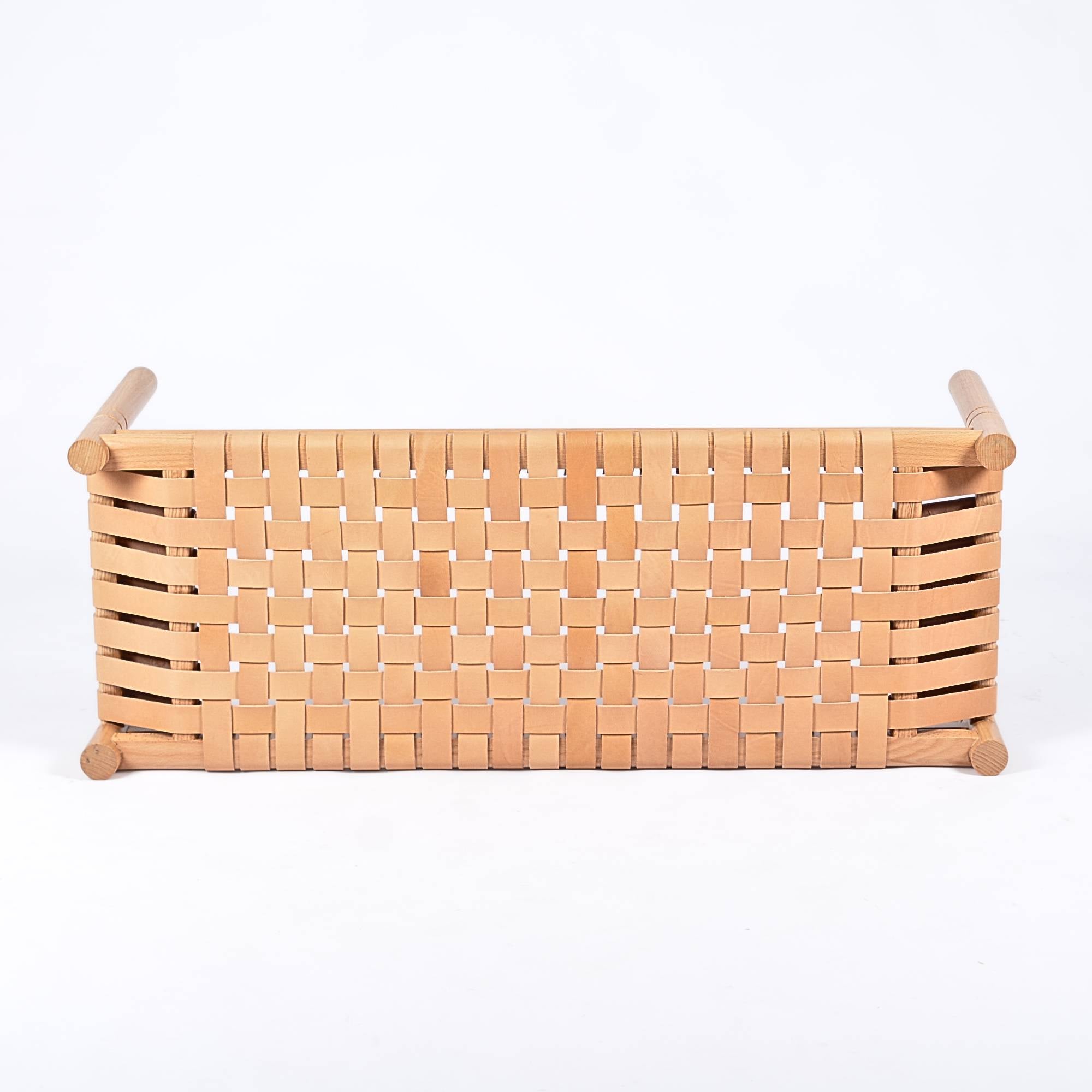 Hilda Woven Leather Bench - Varnished Teak Wood With Strap Beige Leath ...