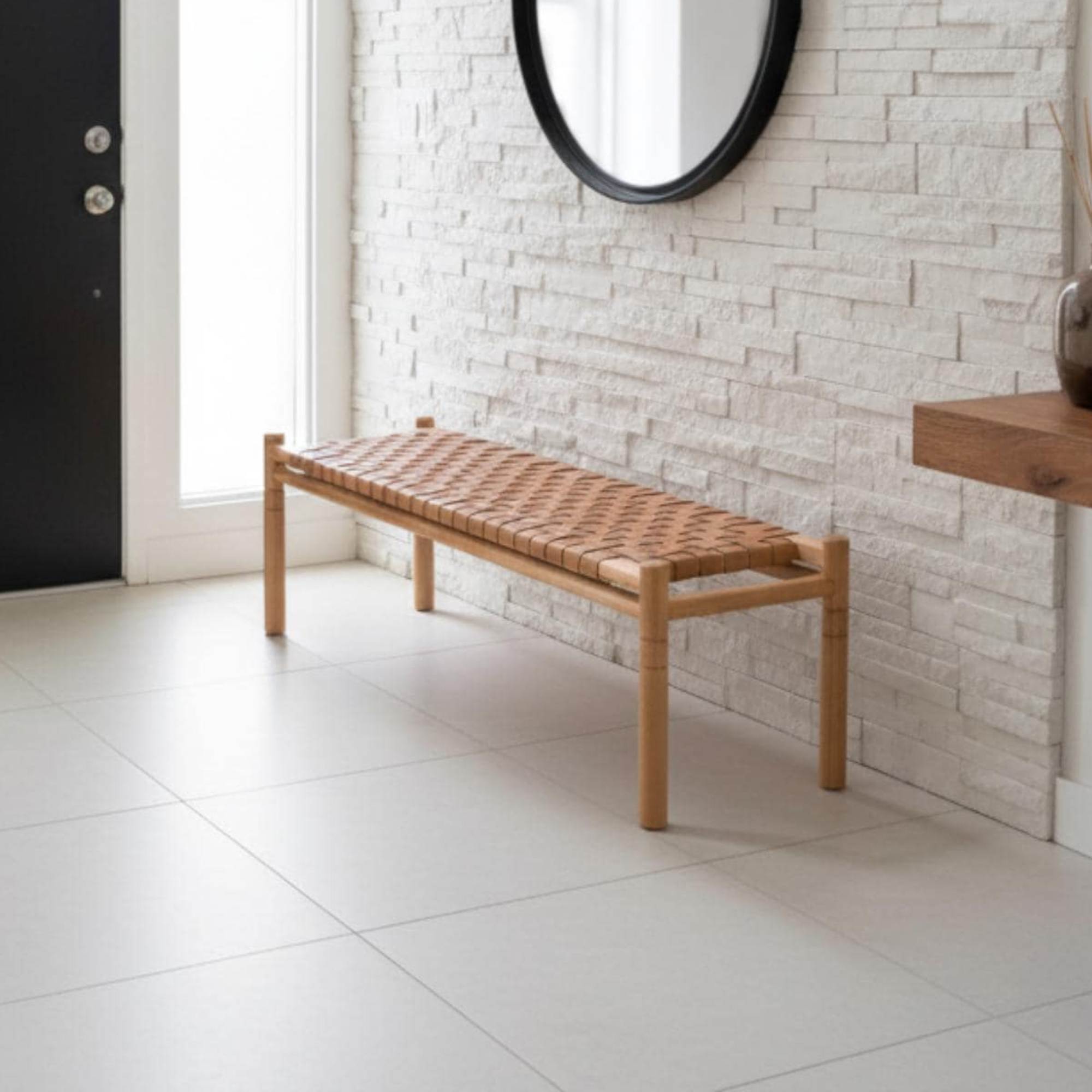 Hilda Handcrafted Scandinavian Leather Bench | Teak Wood Entryway & Be ...