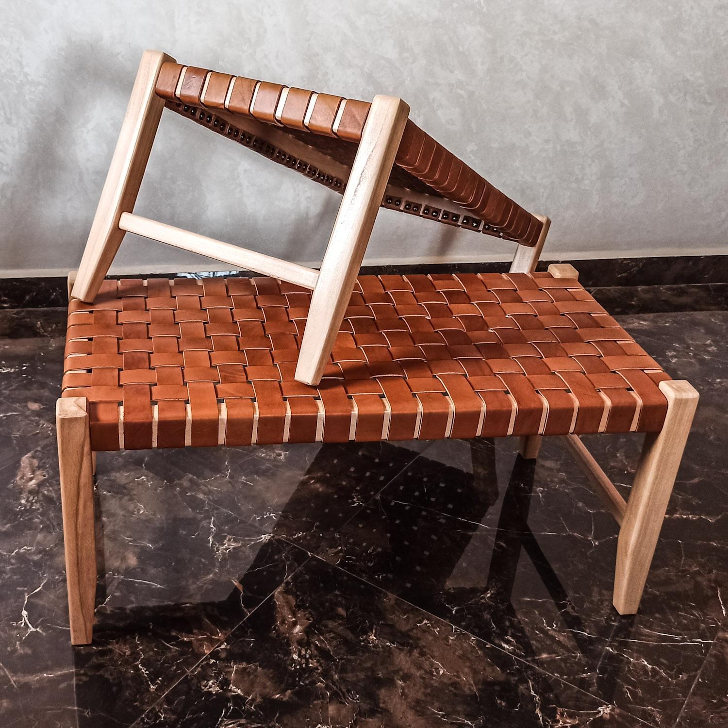 Ragnar Woven Leather Bench - Varnished Teak Wood With Strap Cognac Lea ...