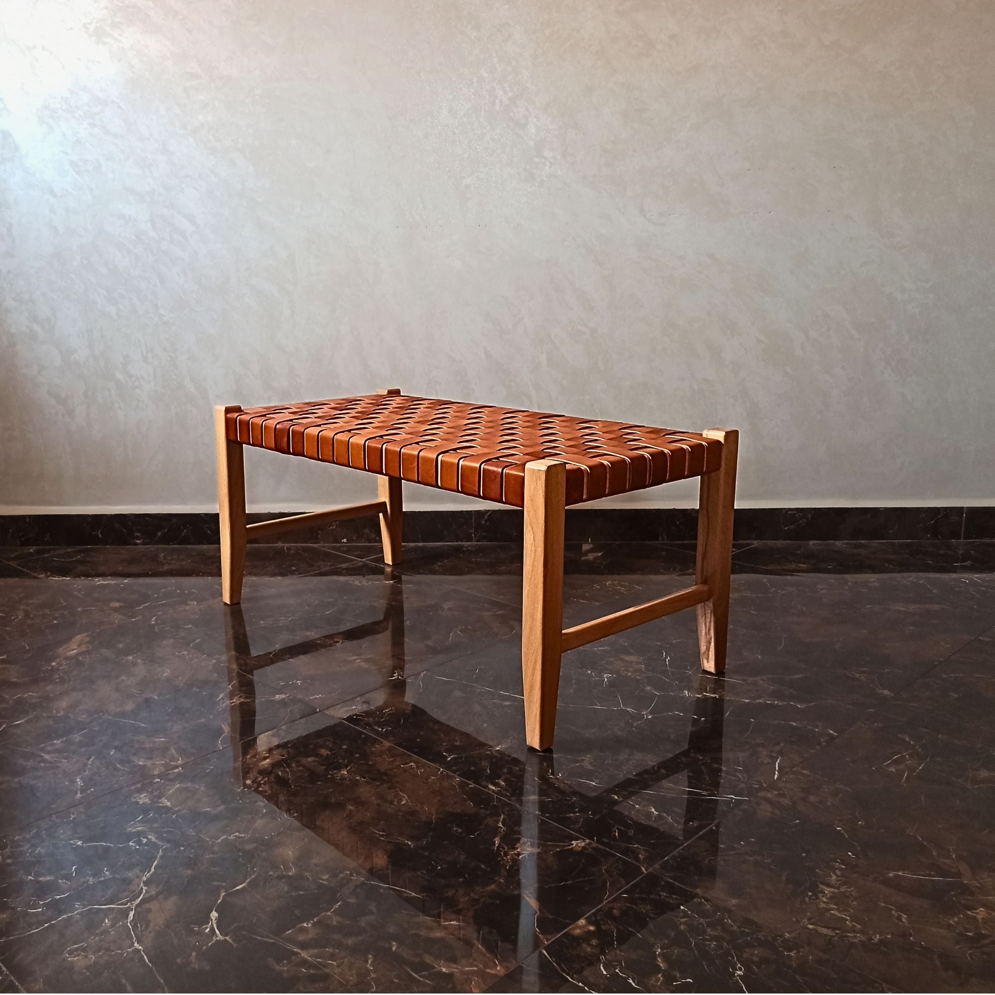 Ragnar Woven Leather Bench - Varnished Teak Wood With Strap Cognac Lea ...