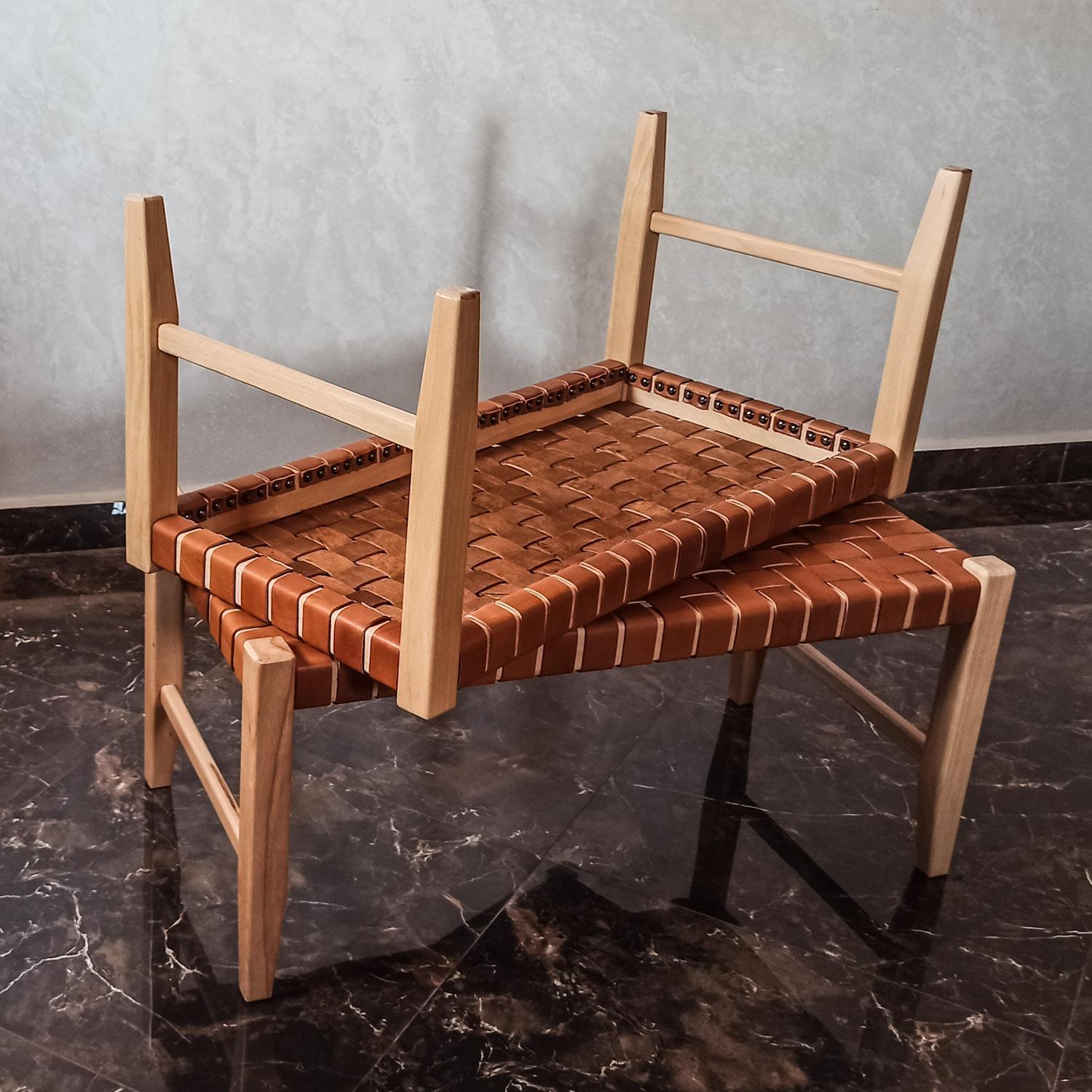 Ragnar Woven Leather Bench - Varnished Teak Wood With Strap Cognac Lea ...