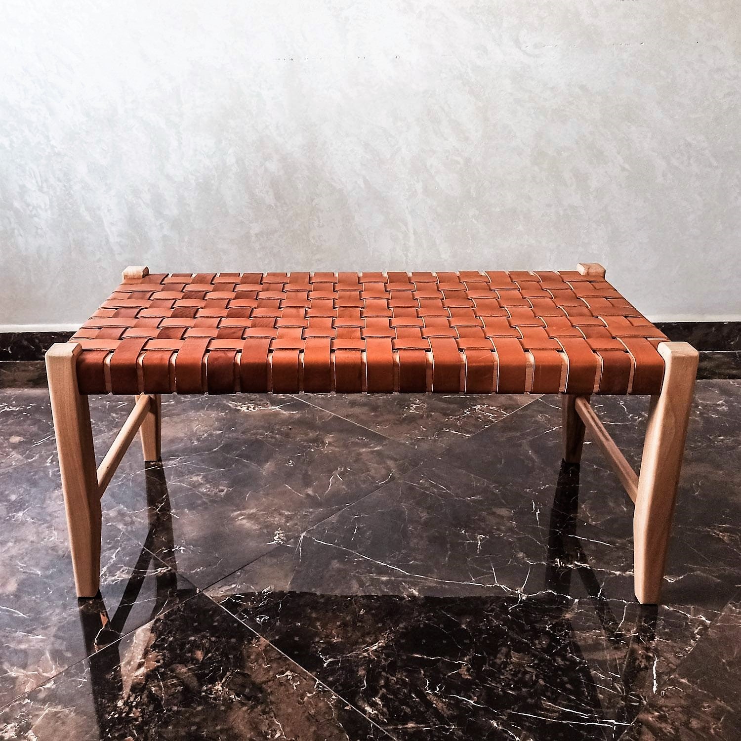 Ragnar Woven Leather Bench - Varnished Teak Wood With Strap Cognac Lea ...